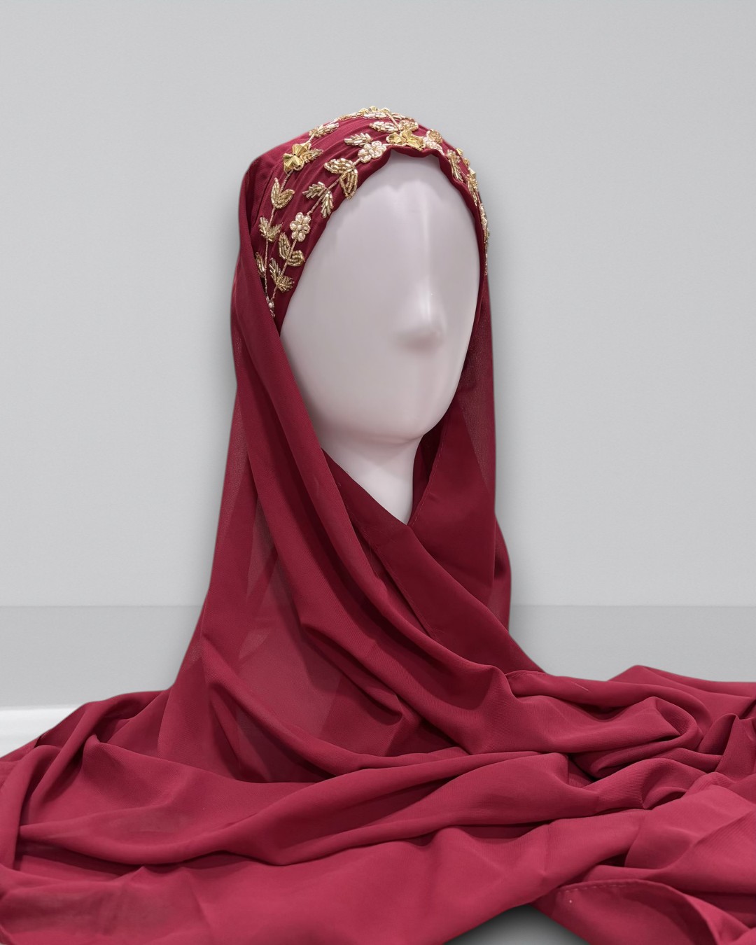 Maroon/Red Zardozi Work Luxury Instant Hijab - The Urban Veil
